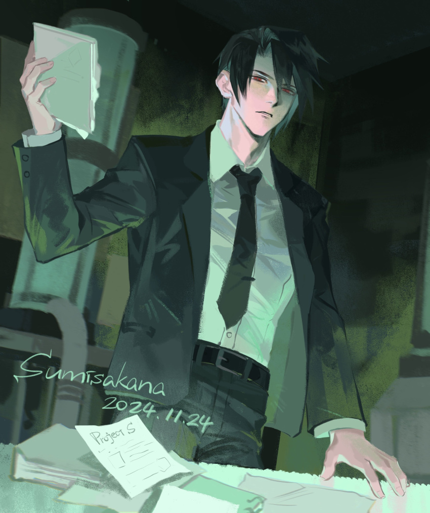 Safebooru - 1boy absurdres artist name belt belt buckle black hair black jacket black necktie ...