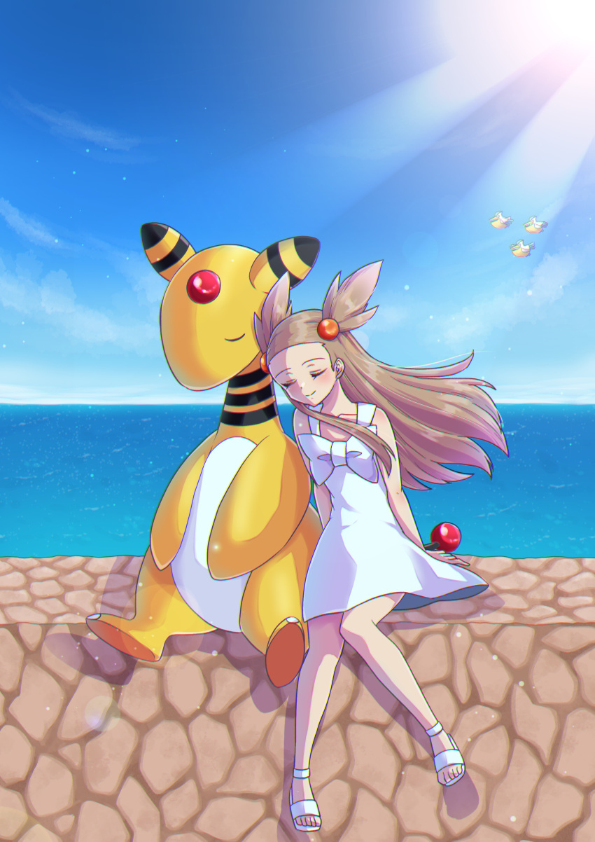 Safebooru - 1girl absurdres ampharos brown hair closed eyes closed mouth day dress forehead ...