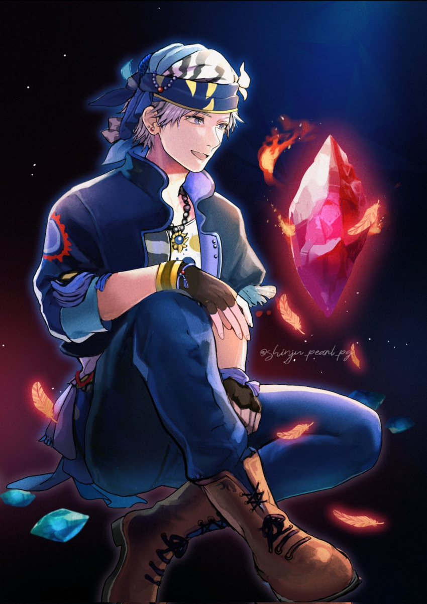 Safebooru - 1boy black jacket blue pants boots brown footwear crystal earrings final fantasy ...