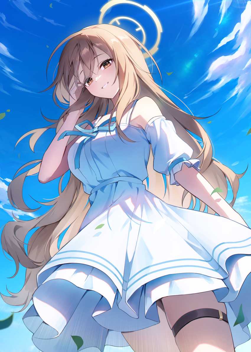 Safebooru - 1girl absurdres akane (blue archive) alternate costume blue archive blue sky brown ...