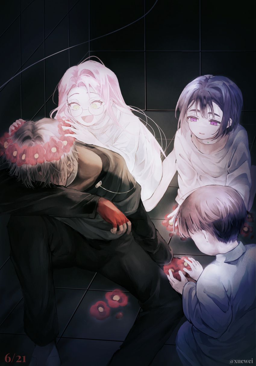 Safebooru - 2boys 2girls absurdres aged down alien stage arm on knee artist name birthday black ...