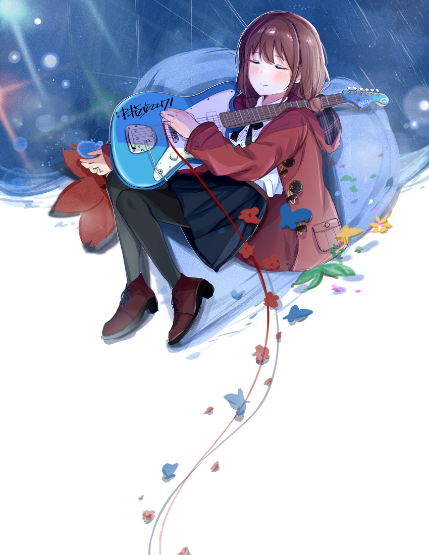 Safebooru - 1girl absurdres black pantyhose black ribbon blue skirt blush brown footwear brown ...