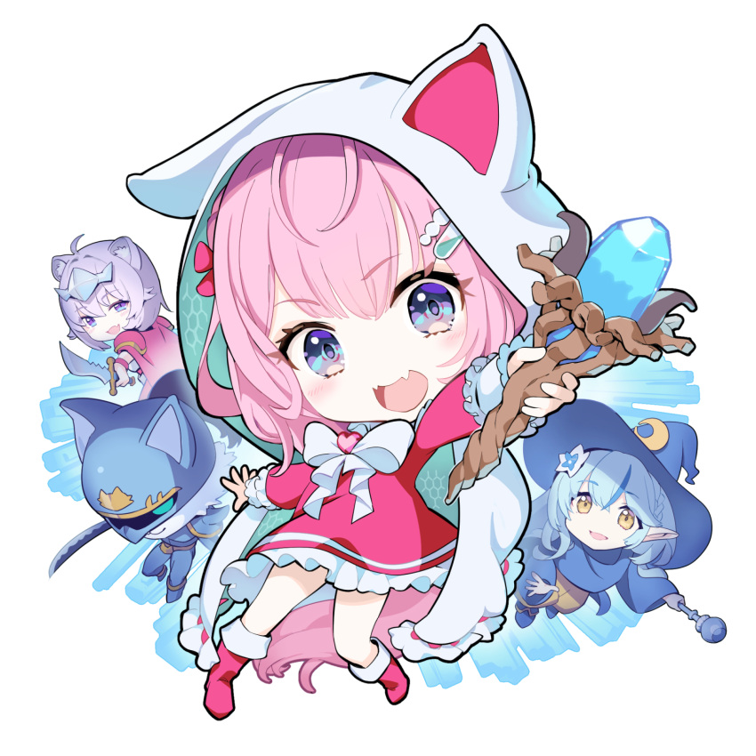 Safebooru - 3girls :d blush chibi chibi only cloak dress fangs hair ...