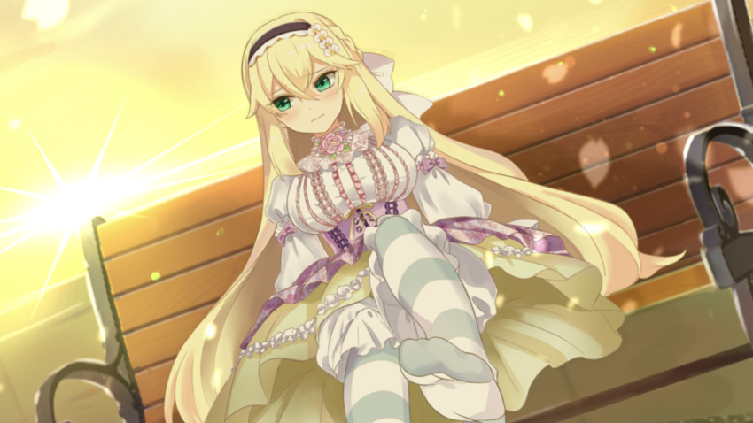 Safebooru - 1girl bench blonde hair blush breasts closed mouth dress feet foot out of frame game ...