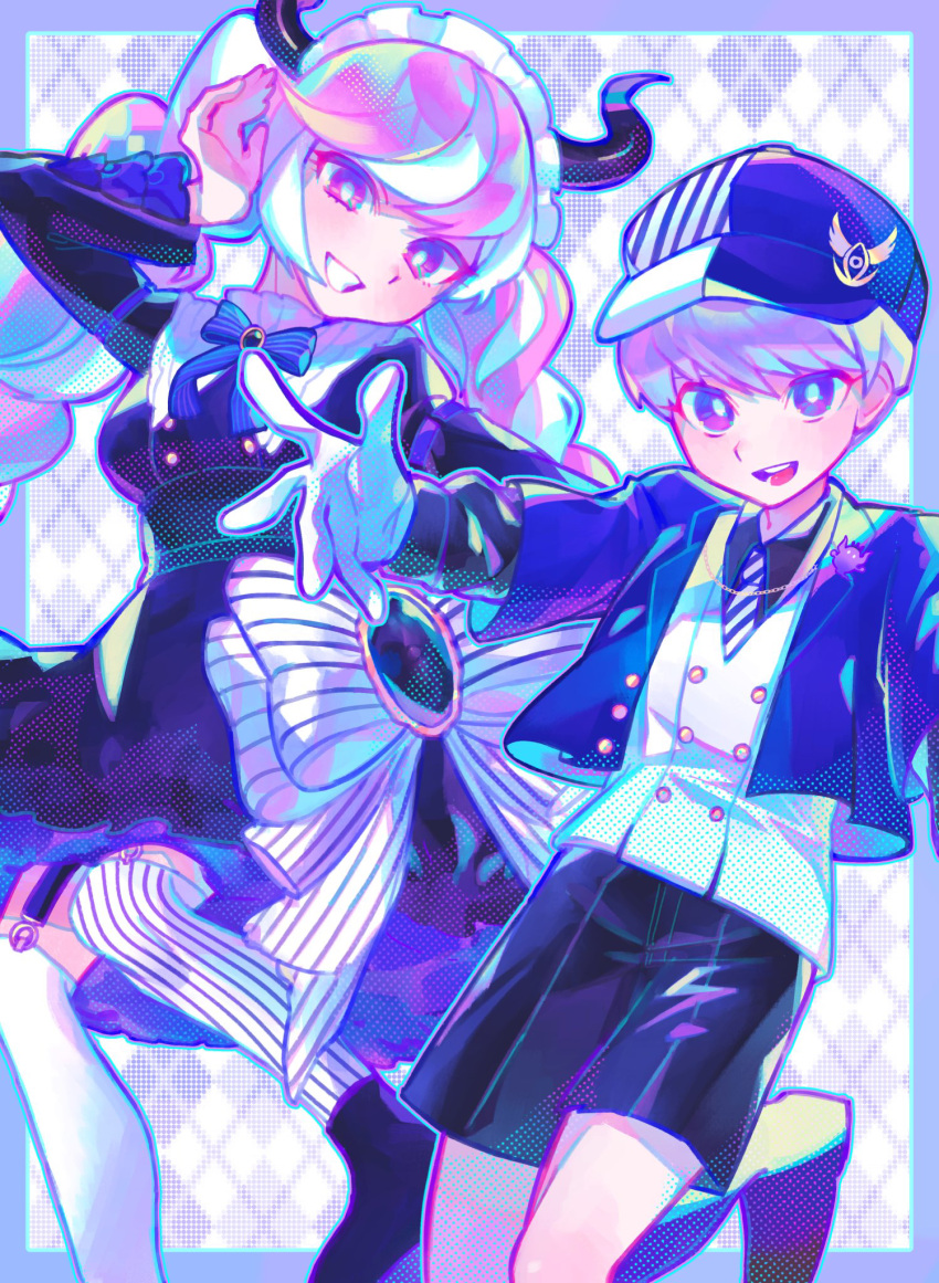 Safebooru - 1boy 1girl :d alternate costume argyle background baseball cap black dress black ...