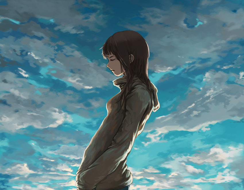 Safebooru 1girl Backlighting Blue Sky Breasts Brown Hair Clouds 1026