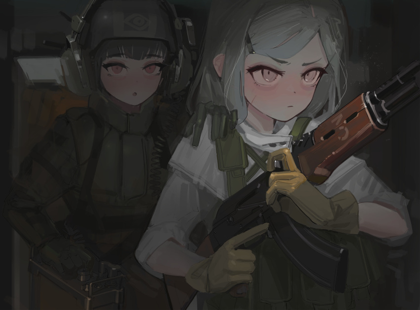 Safebooru - 2girls absurdres ak-74 assault rifle black hair gloves grey hair gun hair ornament ...