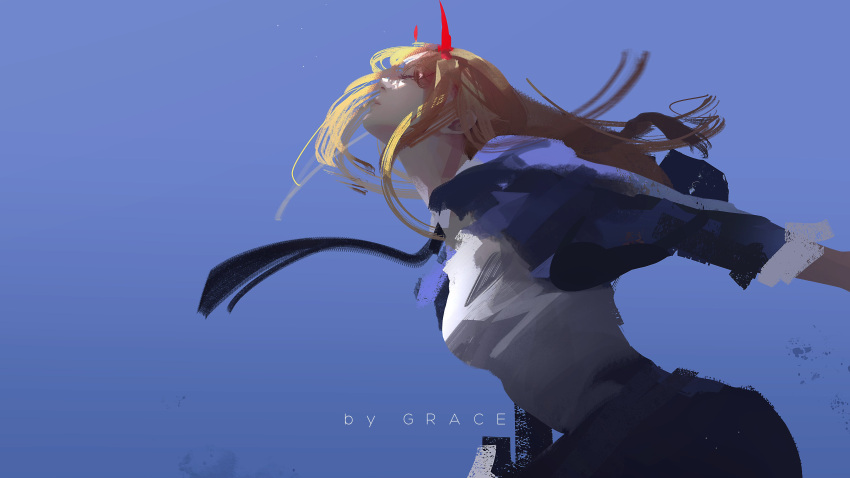 Safebooru - 1girl absurdres artist name black necktie blonde hair blue jacket blue sky chainsaw ...