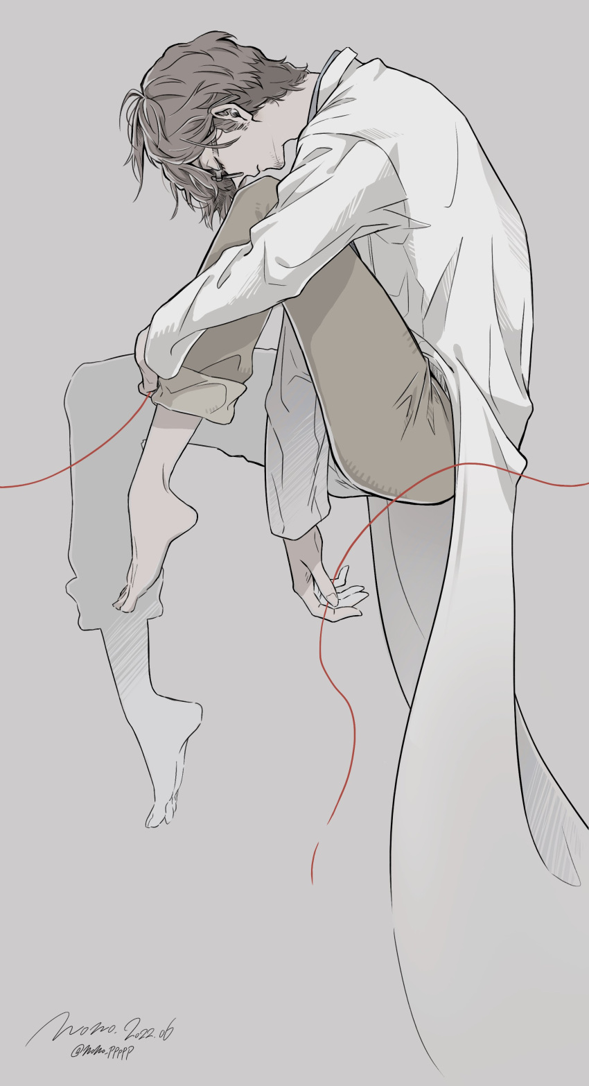 Safebooru - 1boy absurdres barefoot beard stubble black-framed eyewear brown hair brown pants ...