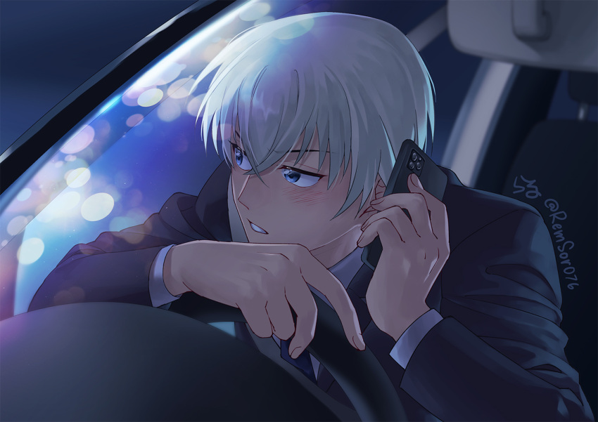Safebooru - 1boy amuro tooru black jacket blonde hair blue eyes car car interior cellphone ...