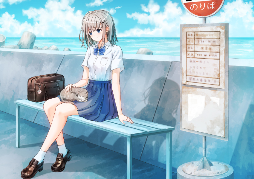 Safebooru - 1girl absurdres animal on lap ankle socks bag bench blue bow blue bowtie blue eyes ...