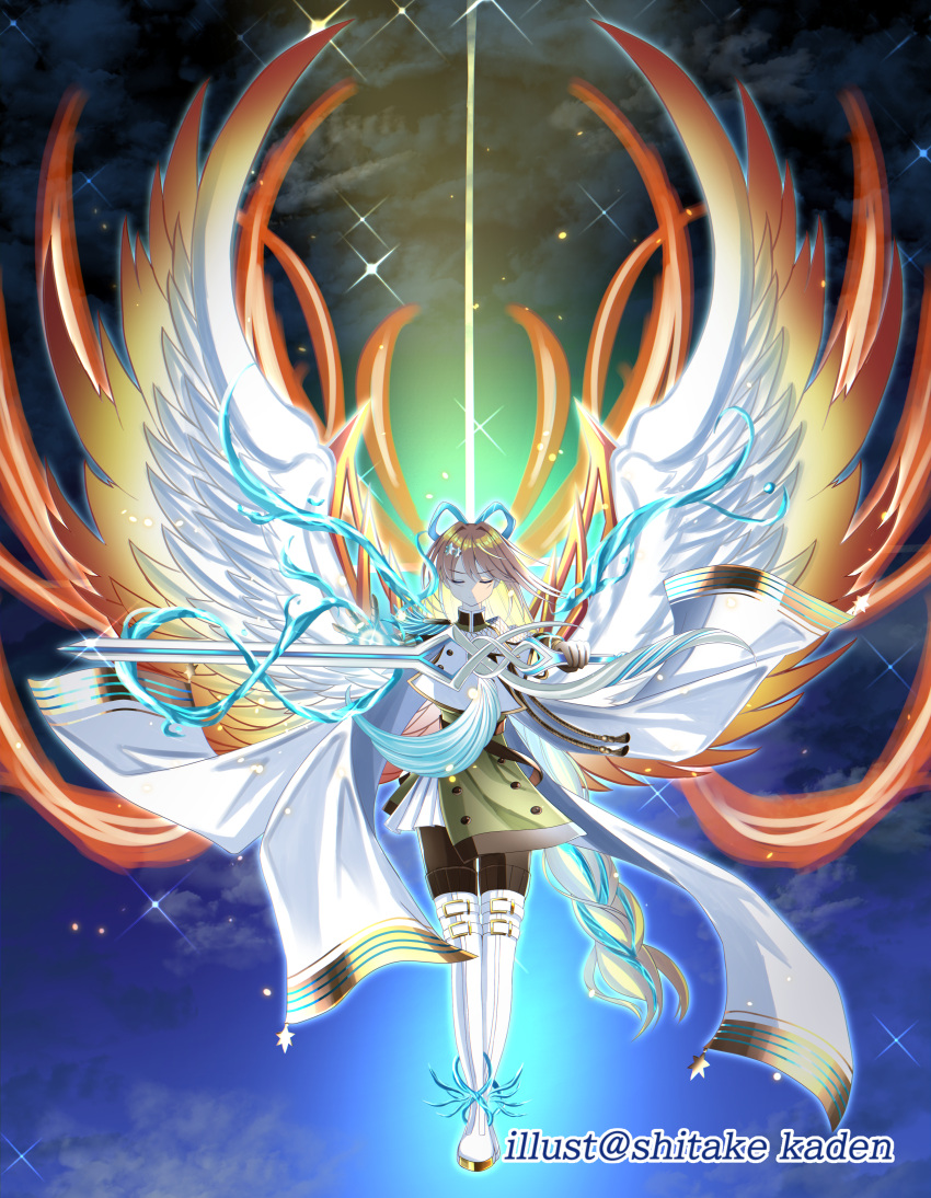 Safebooru - 1girl absurdres angel wings aura blonde hair boots cape closed eyes commission dress ...