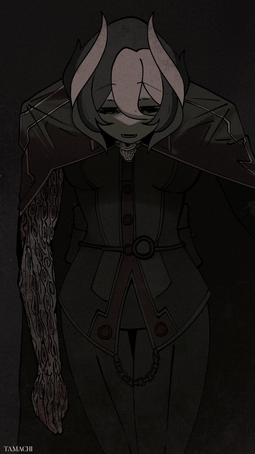 Safebooru - 1girl arm piercing black cape black hair black pants breasts cape commentary request ...