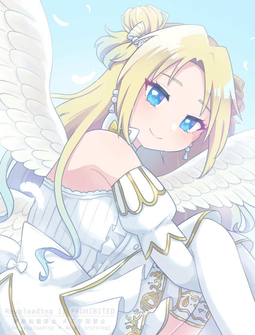 Safebooru - 1girl angel wings blonde hair blue eyes blue hair blush bow closed mouth commentary ...