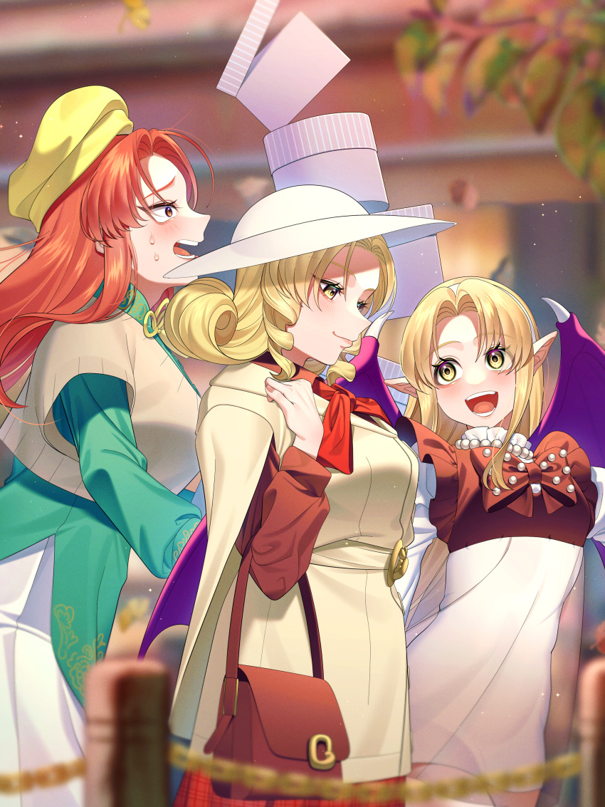 Safebooru - 3girls absurdres adapted costume bag bat wings beret blonde hair bow bowtie brown ...