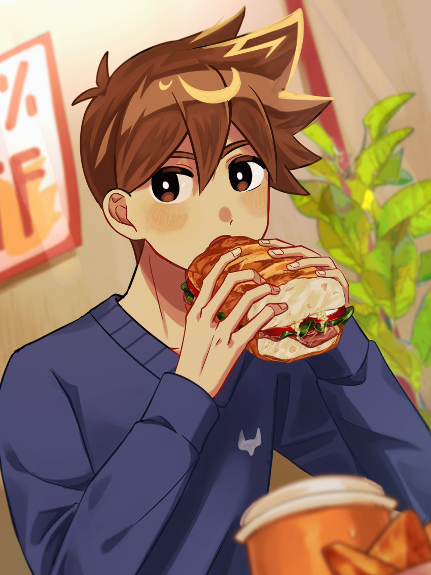 Safebooru - 1boy absurdres blue sweater blush bright pupils brown eyes brown hair dark-skinned ...