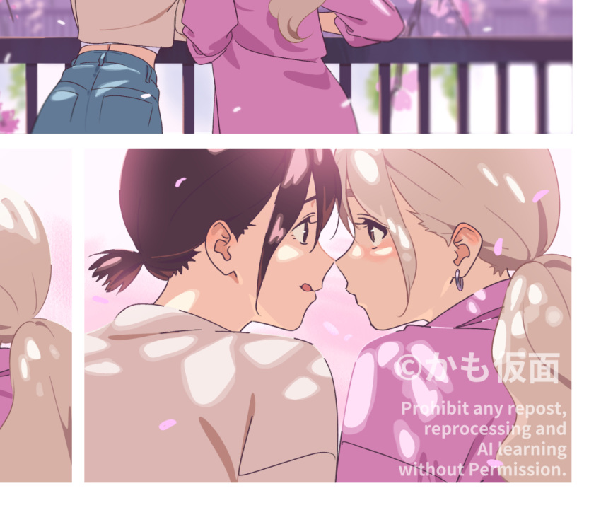 Safebooru - 2girls black hair blonde hair brown eyes cherry blossoms closed mouth coat ...