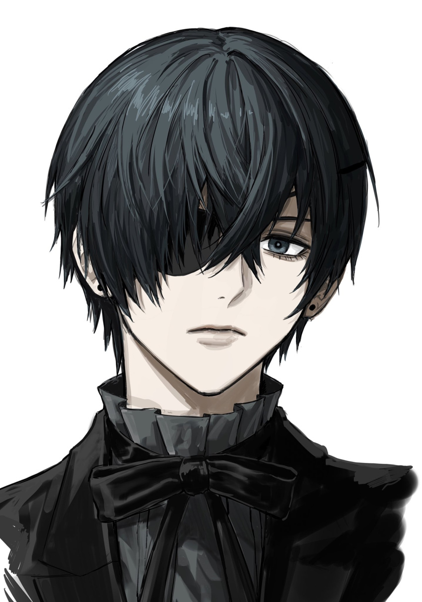 Safebooru - 1boy black bow black bowtie black coat blue eyes blue hair bow bowtie character ...