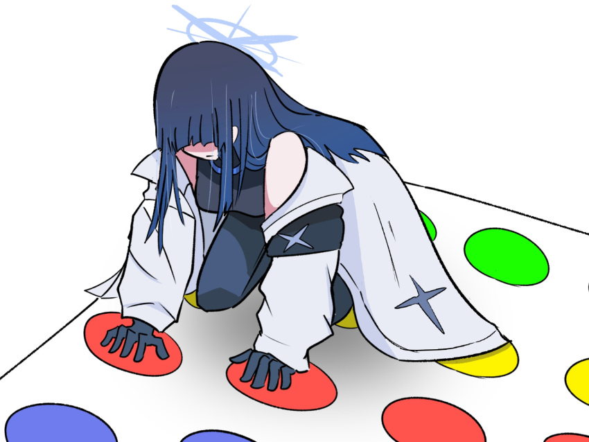 Safebooru - 1girl all fours bare shoulders black gloves black pants black shirt blue archive ...