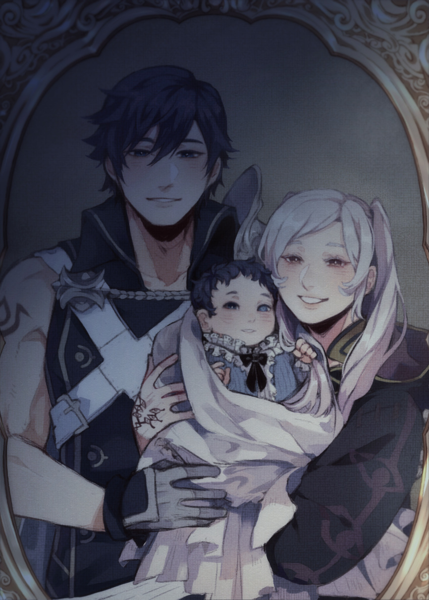 Safebooru - 1boy 2girls aged down armor baby black robe blue eyes blue ...