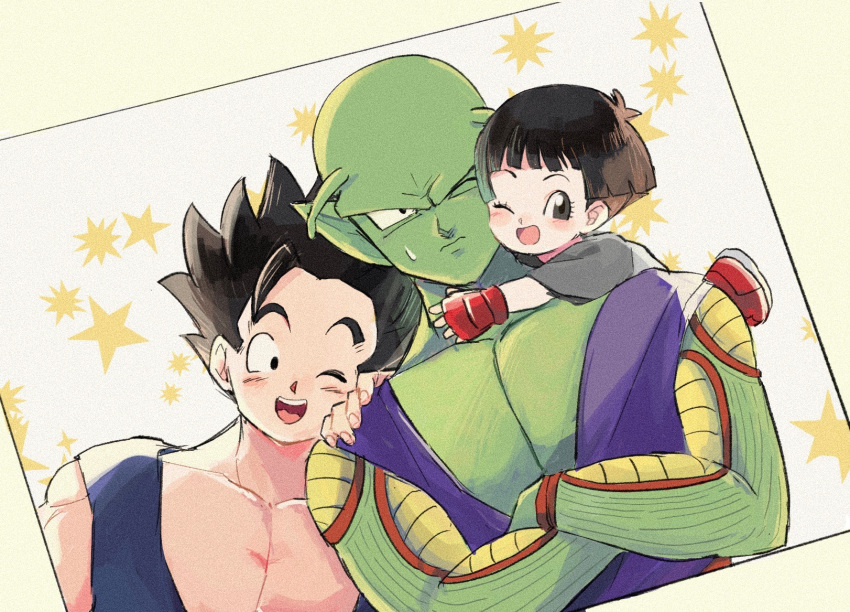 Safebooru - 1girl 2boys ;d antennae bald black eyes black hair blunt ...