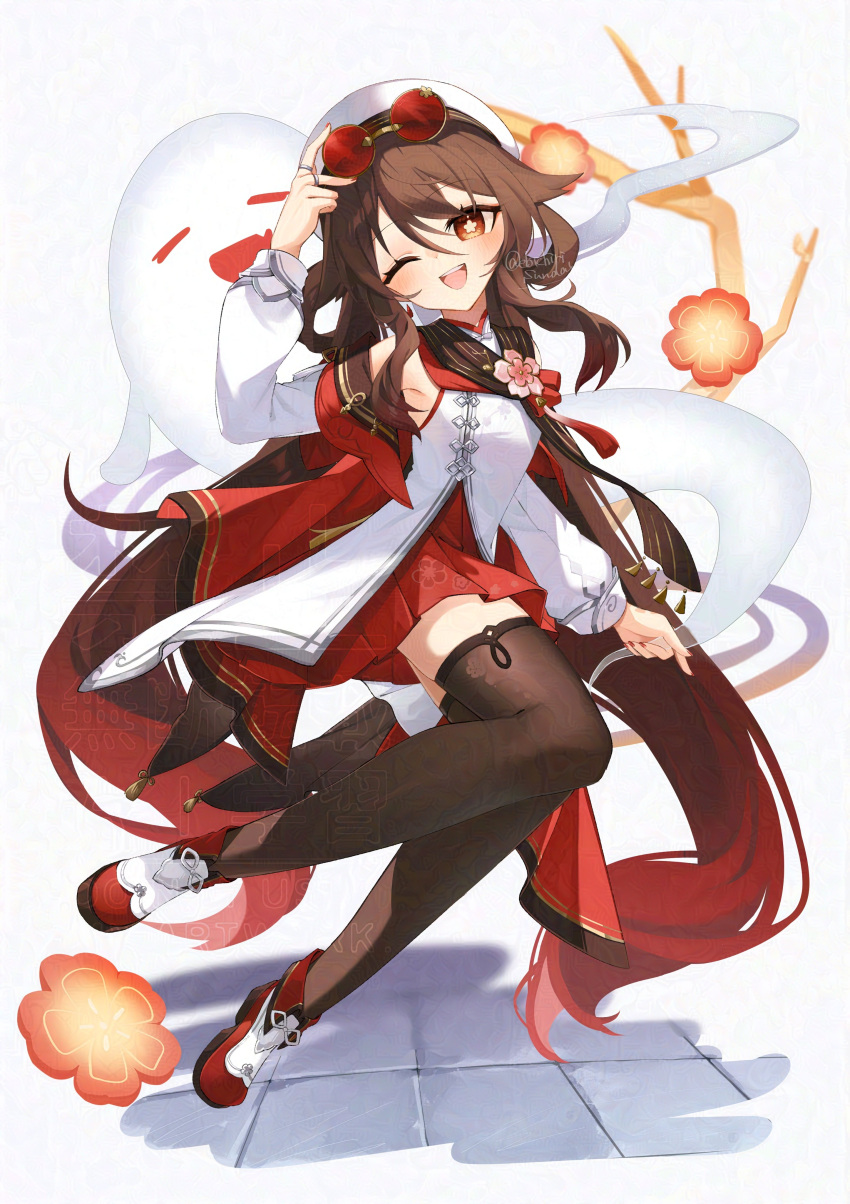 Safebooru - 1girl ;d absurdres adjusting eyewear adversarial noise black thighhighs blush boo ...