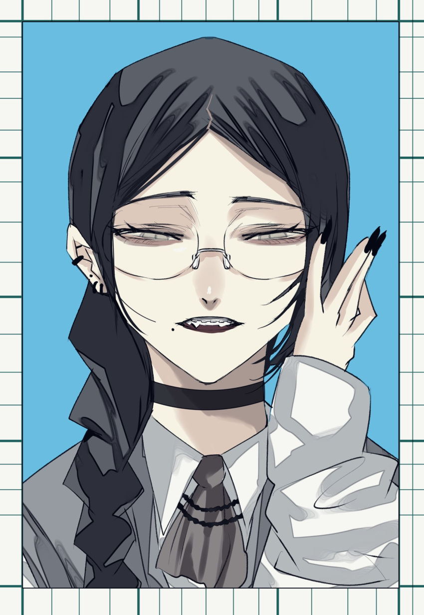 Safebooru - 1girl ascot black choker black hair black nails blue background braces braid choker ...