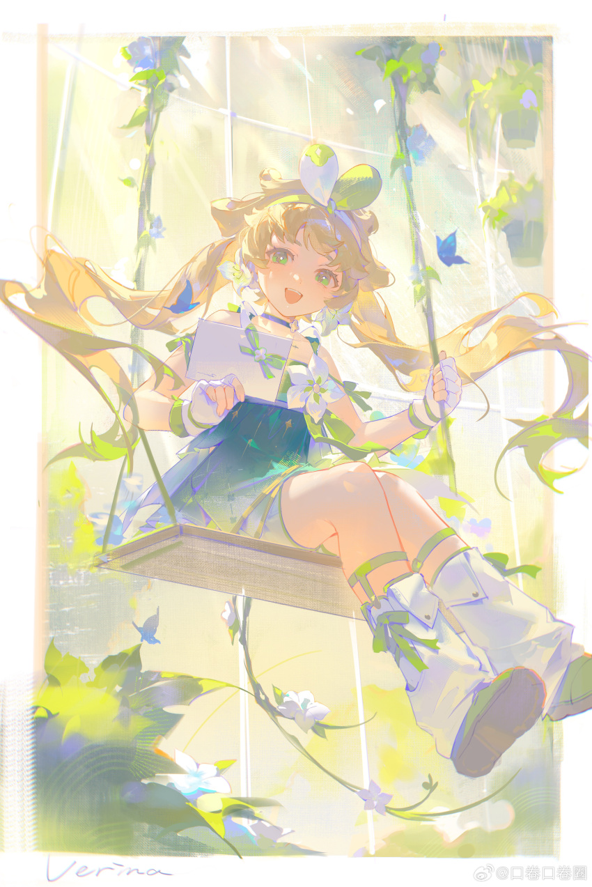 Safebooru - 1girl :d absurdres bare arms bare shoulders blonde hair blue butterfly blue flower ...