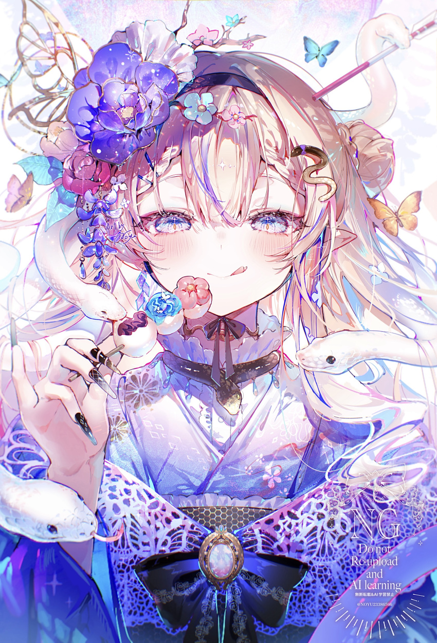 Safebooru - 1girl :q absurdres black bow black nails blonde hair blue butterfly blue eyes blue ...