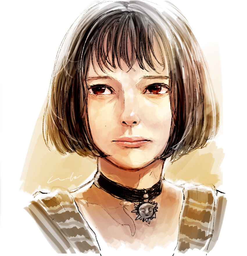 Safebooru - 1girl absurdres black choker black shirt blunt bangs bob cut brown background brown ...