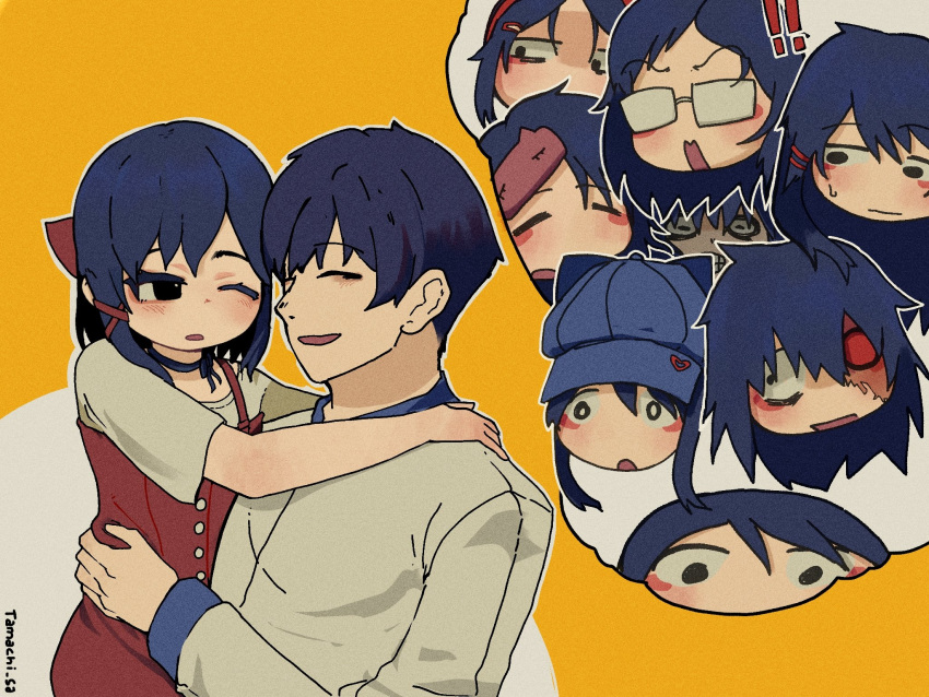 Safebooru - 1boy 6+girls black eyes blue choker blue hair carrying ...