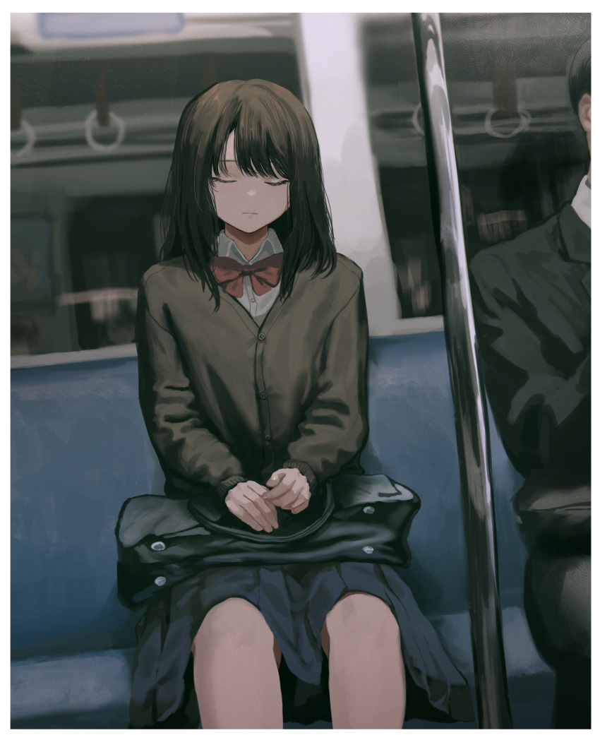 Safebooru - 1boy 1girl absurdres black bag black jacket black pants blue skirt closed eyes hair ...