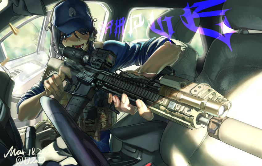 Safebooru - 1girl assault rifle baseball cap black hair blue eyes blue ...