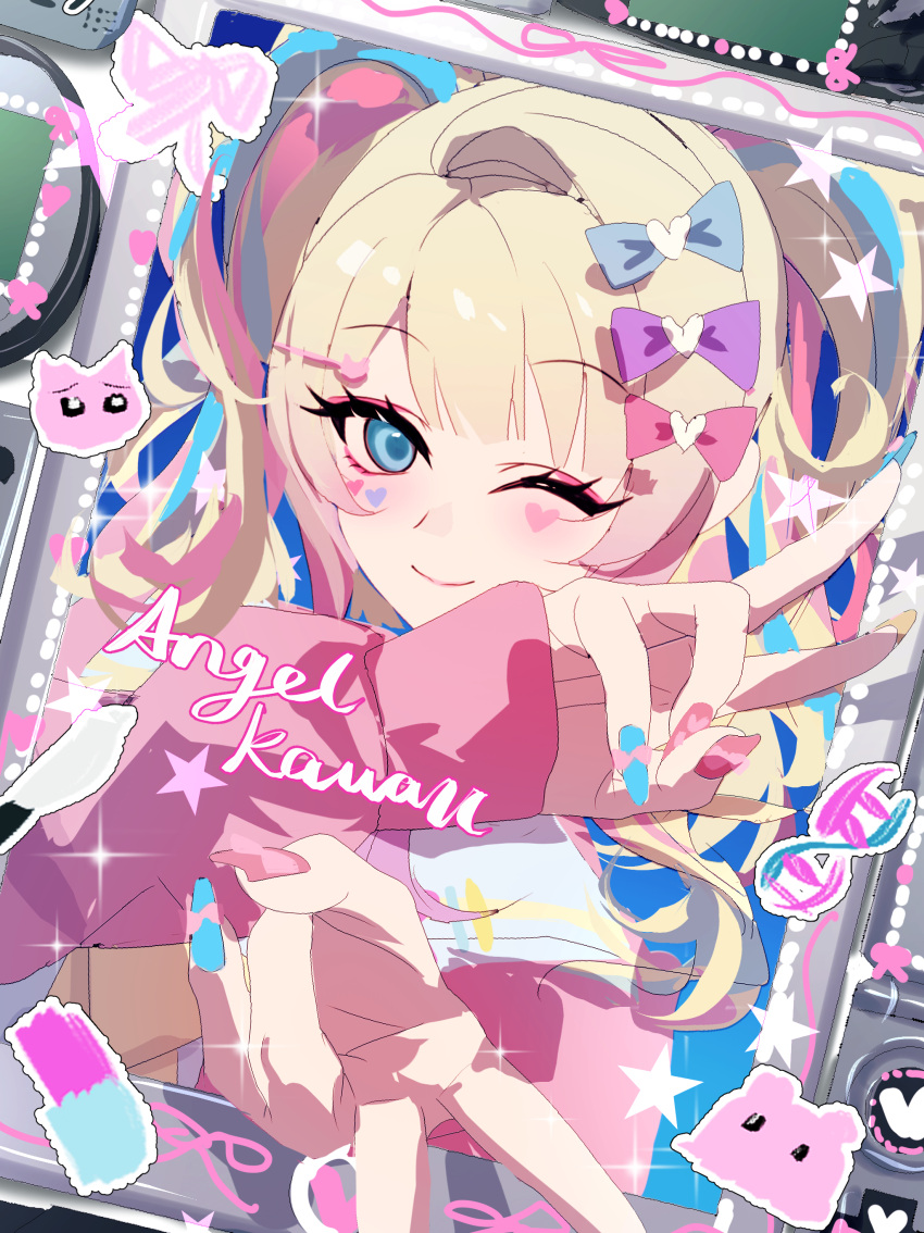 Safebooru - 1girl absurdres blonde hair blue cardigan blue eyes blue hair blue nails cardigan ...