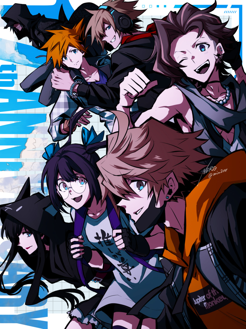 Safebooru - 2girls 5boys animal hood artist name backpack bag bito daisukenojo black choker ...