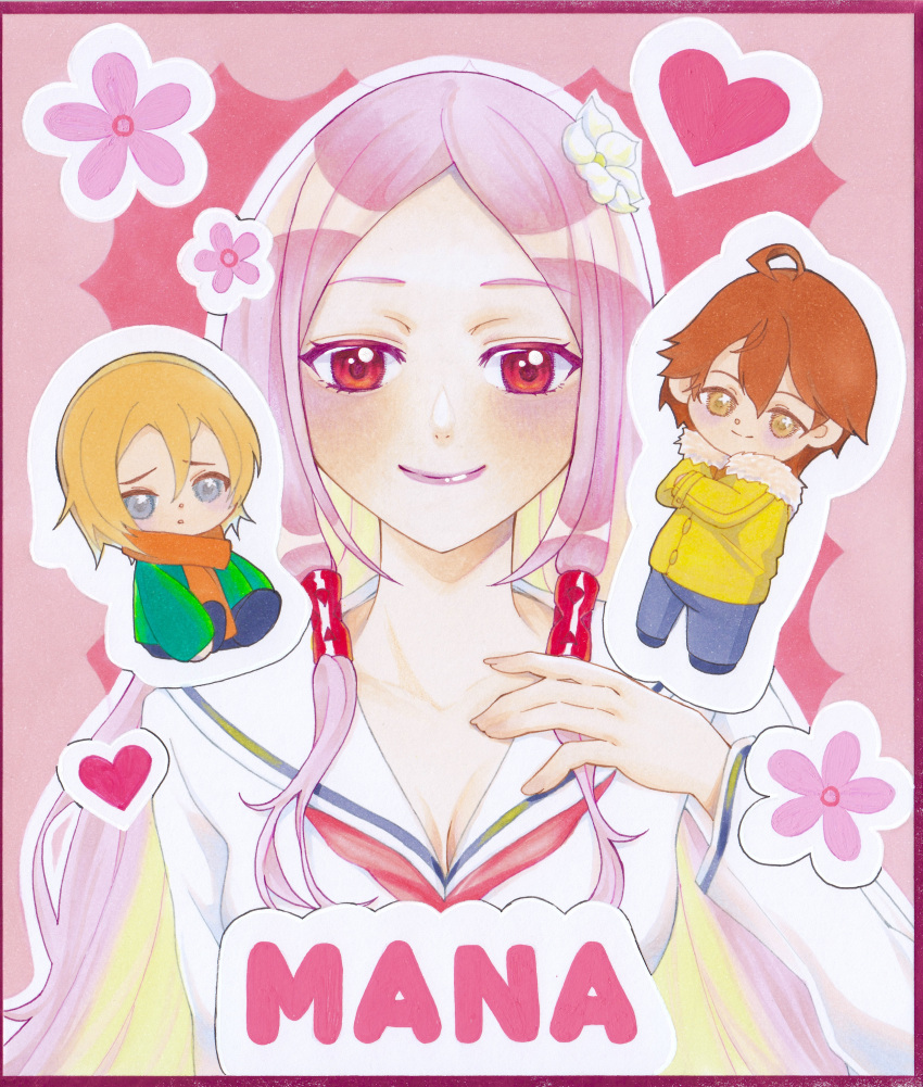 Safebooru - 1girl 2boys absurdres blonde hair border brown eyes brown ...