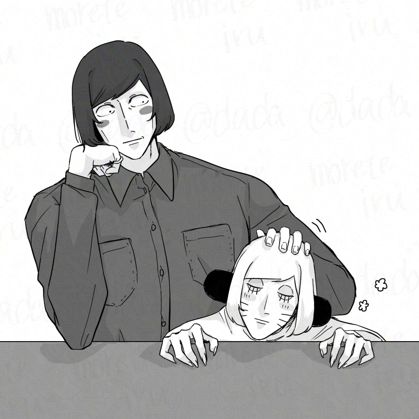 Safebooru - 2boys facial mark fingernails greyscale happy aura ...