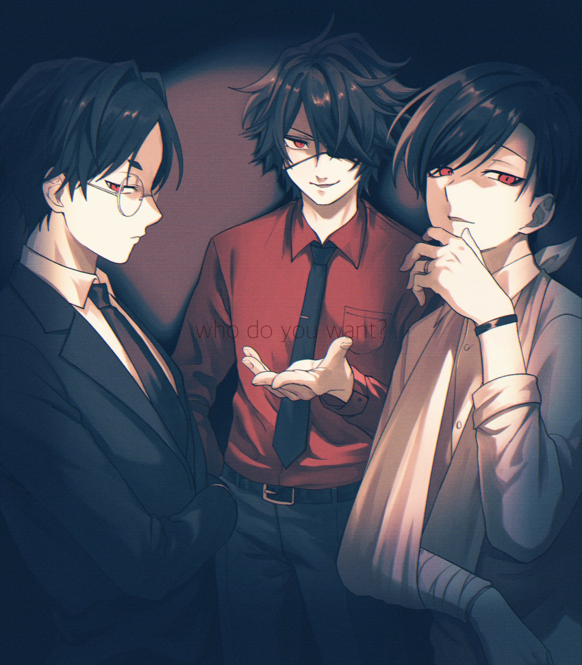 Safebooru - 3boys aomi (ooe) ariake (ooe) arm sling bandaged arm bandages belt black gloves ...