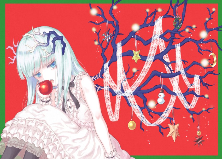 Safebooru - 1girl antlers apple black pantyhose blue eyes branch christmas christmas tree ...