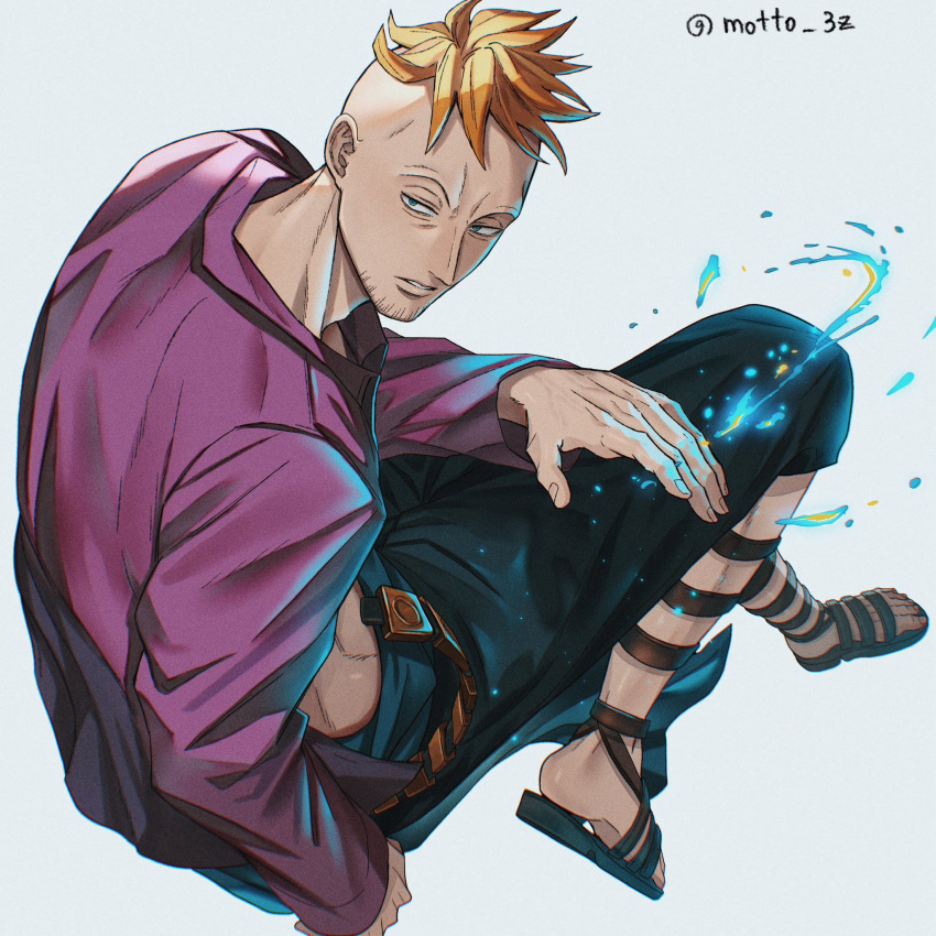 Safebooru - 1boy beard stubble blonde hair blue sash facial hair highres looking back male focus ...