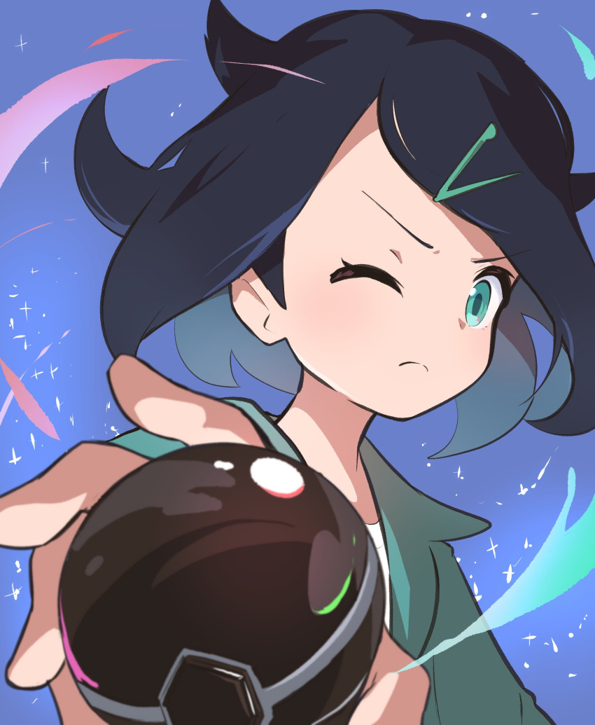 Safebooru - 1girl ;( black hair blue background blue eyes blue jacket ...