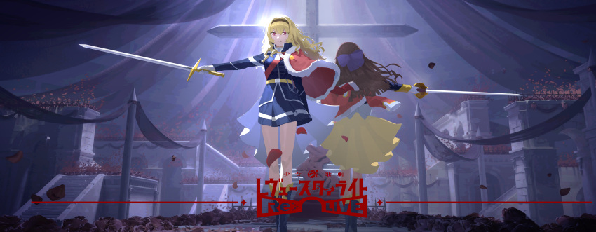 Safebooru - 2girls absurdres arms up battlefield black headband blonde hair blue footwear brown ...