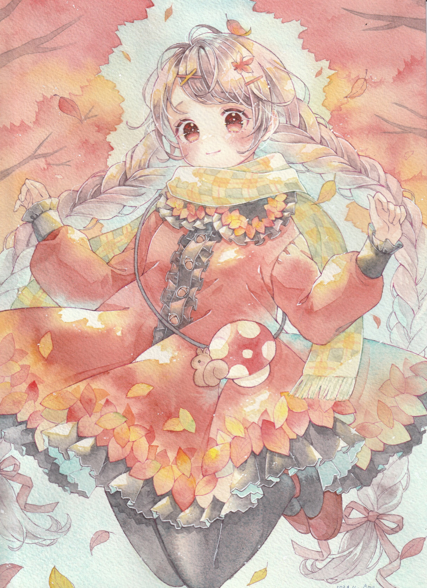 Safebooru - 1girl absurdres amu (m aa) autumn autumn leaves bag black pantyhose blush brown hair ...