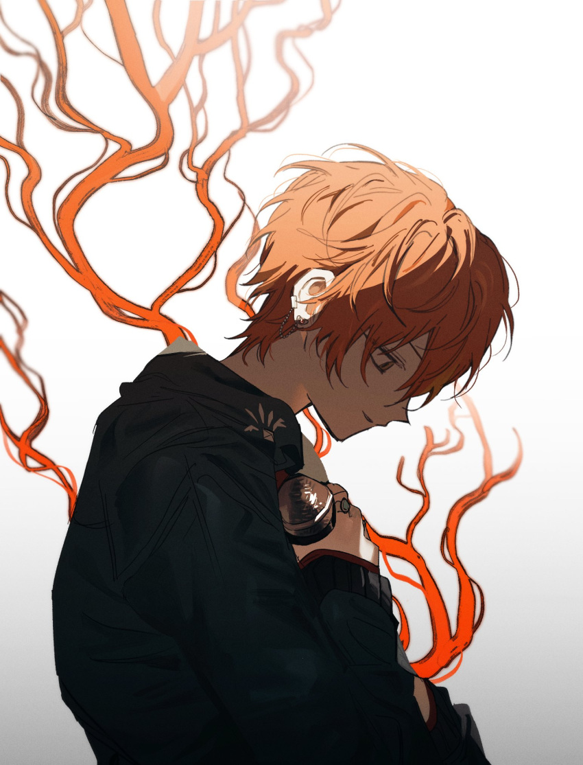 Safebooru - 1boy brown eyes goguma wagamja highres hood hoodie jewelry ...