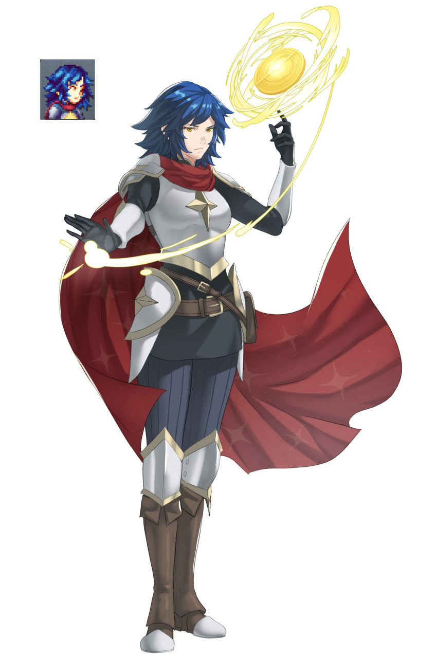 Safebooru - 1girl armor astral throne belt blue hair boots cape elbow ...