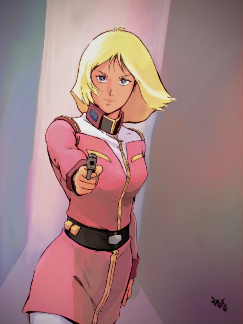 Safebooru - 1970s (style) 1980s (style) 1girl aiming aiming at viewer belt blonde hair blue eyes ...