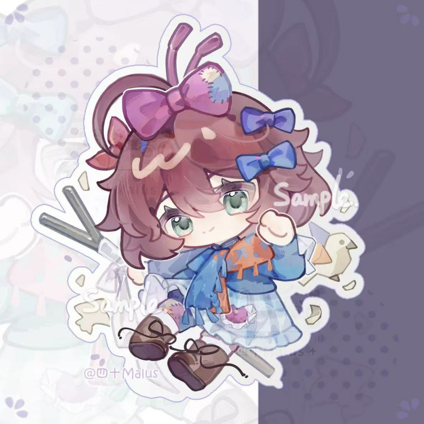 Safebooru - 1girl ahoge ankle boots aqua eyes artist name blue bow blue dress blue scarf boots ...