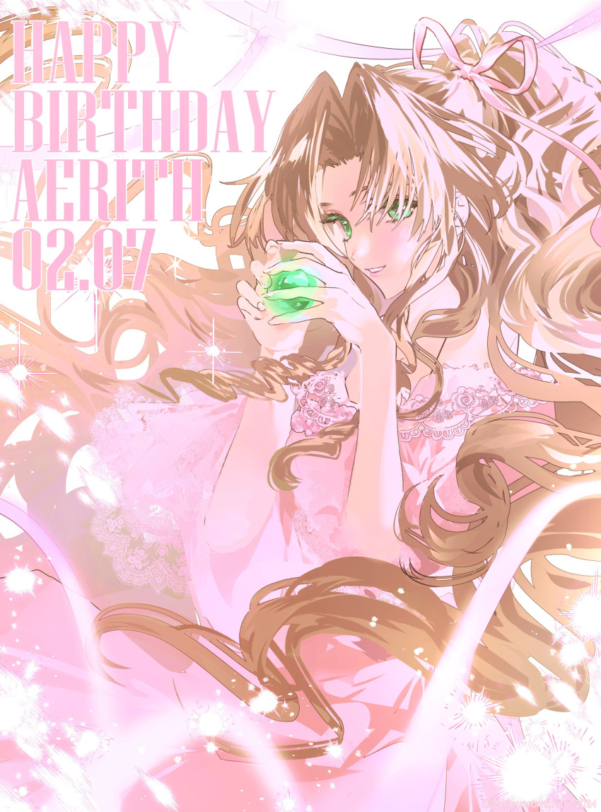 Safebooru - 1girl absurdres aerith gainsborough brown hair dated dress english text final ...