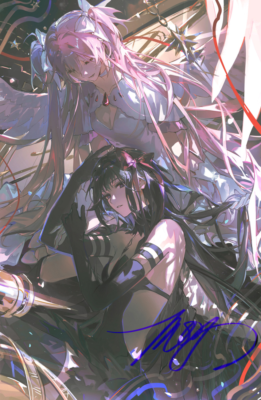 Safebooru - 2girls akemi homura akuma homura angel wings black bow black eyes black gloves black ...