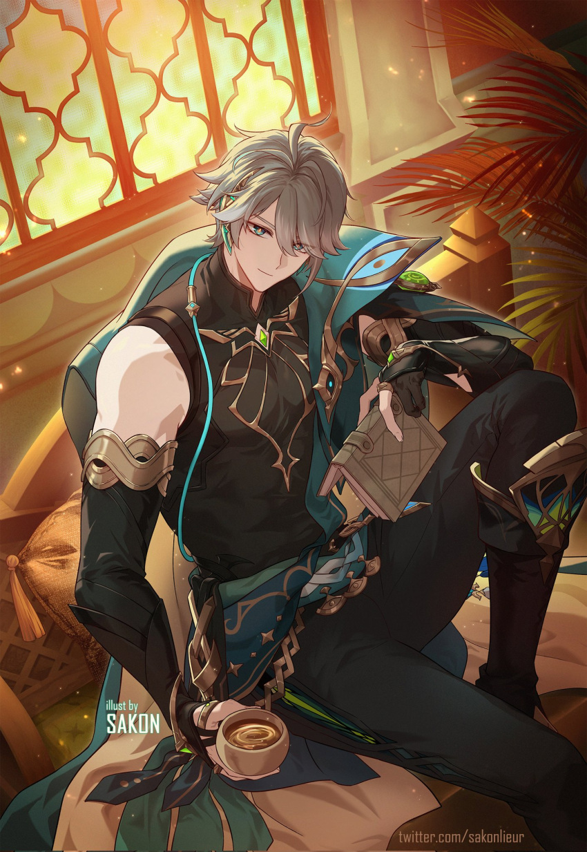 Safebooru - 1boy ahoge alhaitham (genshin impact) armlet artist name black gloves black pants ...